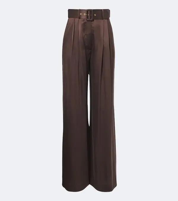 Zimmermann Belted Pleated Silk Satin Wide-leg Pants - Brown