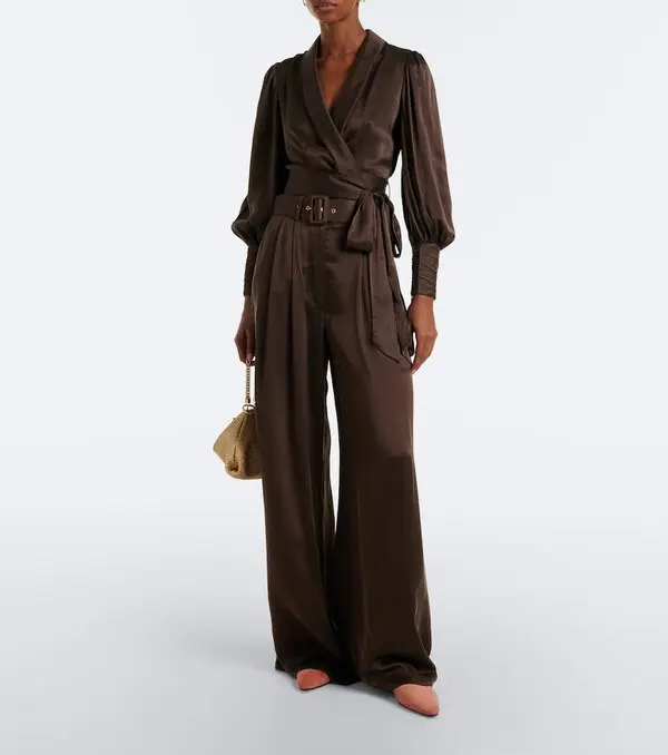 Zimmermann Belted Pleated Silk Satin Wide-leg Pants