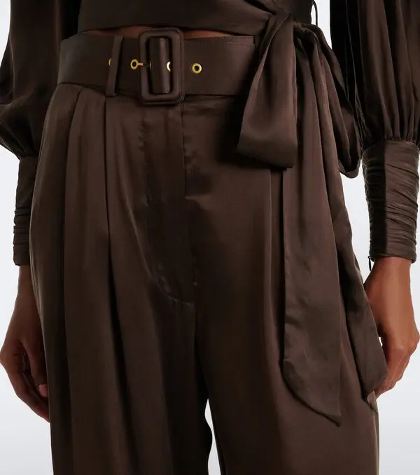 Zimmermann Belted Pleated Silk Satin Wide-leg Pants
