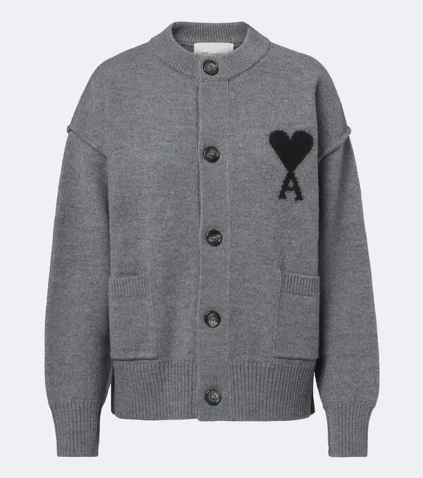 AMI Paris De Coeur Wool Cardigan - Grey