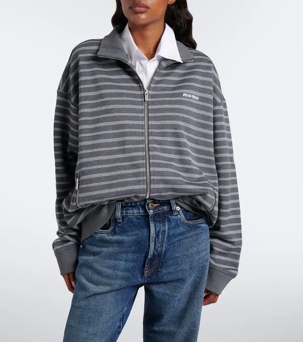 Miu Miu Striped Cotton Zip-up Sweatshirt