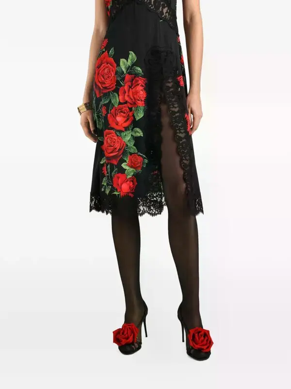 Dolce & Gabbana Rose-print Charmeuse Midi Dress - Black