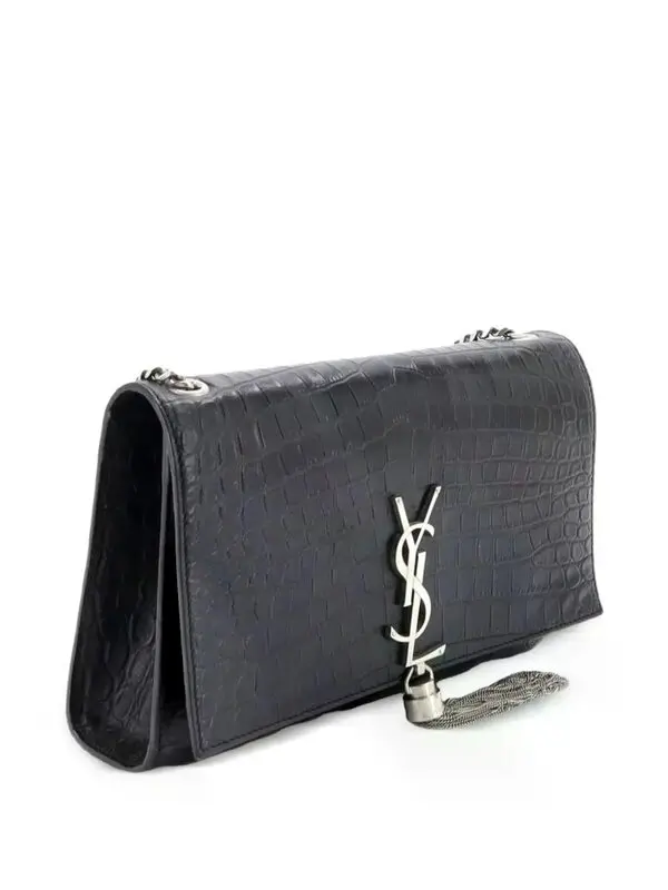 Saint Laurent Classic Monogram Tassel Crocodile Embossed Leather Medium Crossbody Bag - Black