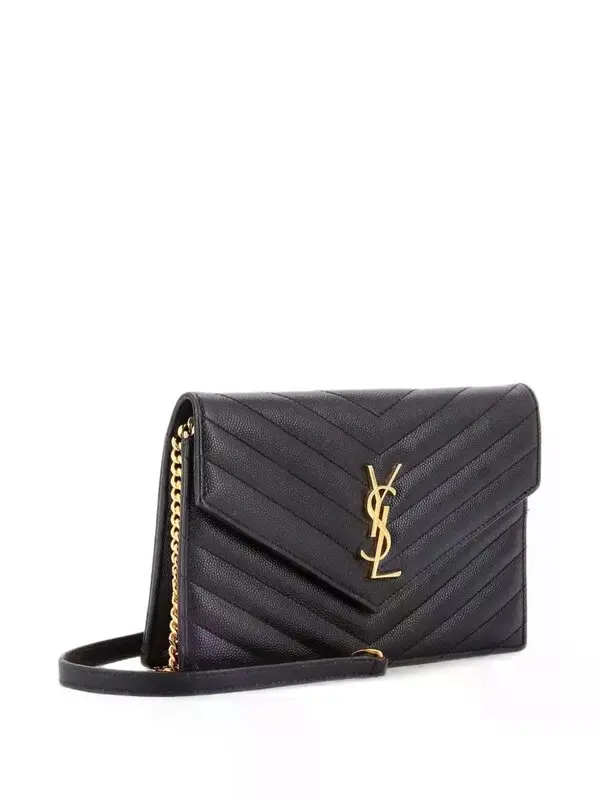 Saint Laurent Classic Monogram Wallet On Chain Matelasse Chevron Leather Small Crossbody Bag - Black