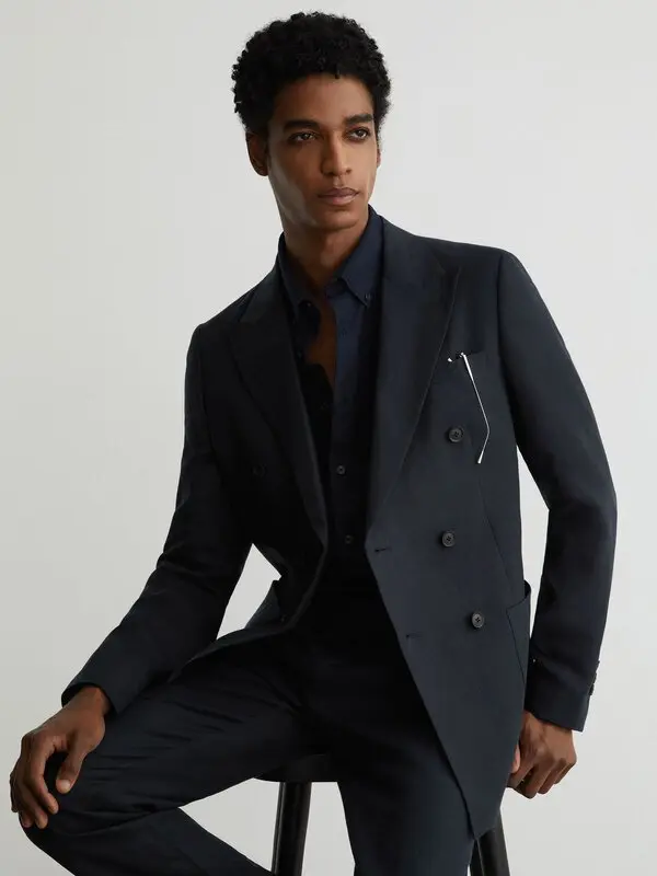 REISS Tailored Fit Linen Double-breasted Suit Blazer