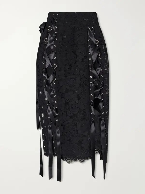 Simone Rocha Unraveling Ribbon Ring Asymmetric Embellished Lace And Satin Midi Skirt - Black