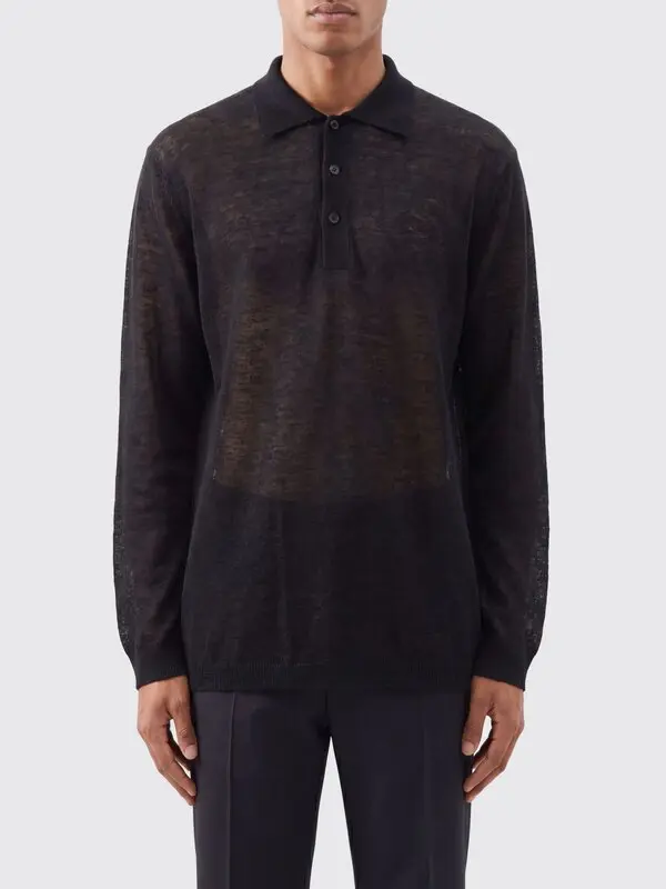 Y’s Sheer Long-sleeved Knit Polo Shirt In A Linen Blend