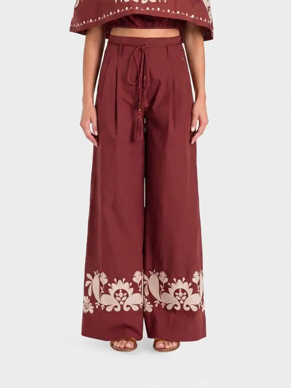 TWINSET Paisley Print Wide Leg Pants In Stretch Cotton With Belt - Red