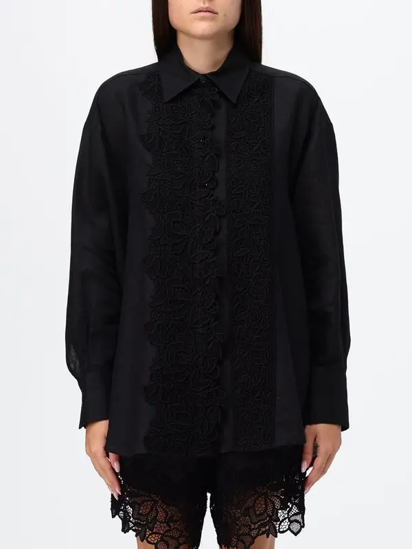 Ermanno Scervino Relaxed Fit Linen Shirt With Lace Inserts - Black