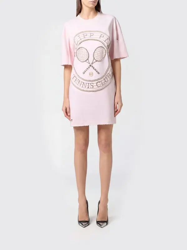 Philipp Plein Tennis Club Cotton Sheath Mini Dress With Rhinestone Logo - Fuchsia