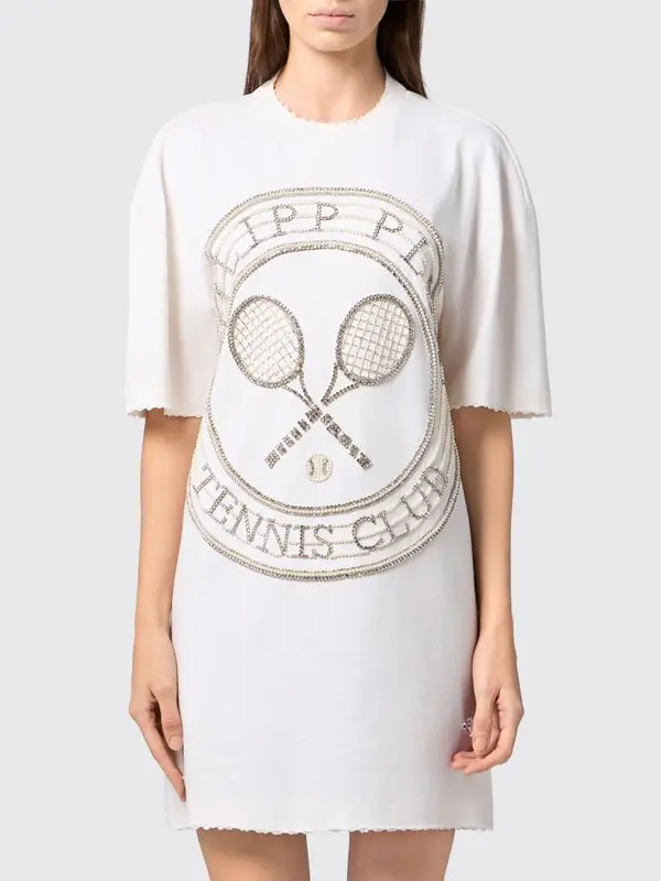 Philipp Plein Tennis Club Cotton Sheath Mini Dress With Rhinestone Logo - White