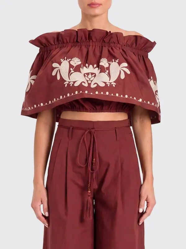 TWINSET Off-the-shoulder Cropped Cotton Top With Floral Embroidery - Red