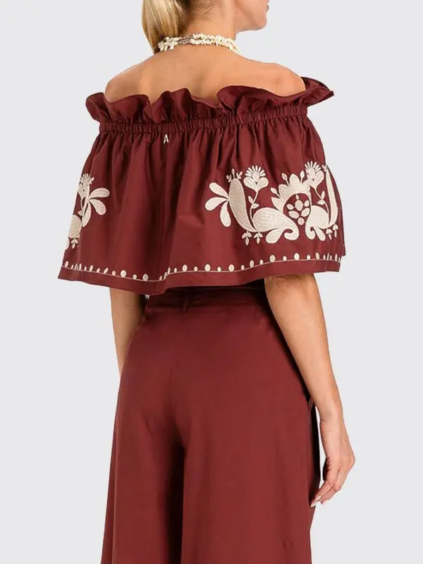 TWINSET Off-the-shoulder Cropped Cotton Top With Floral Embroidery - Red