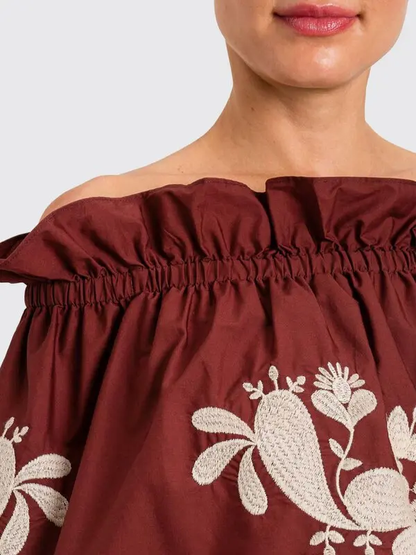 TWINSET Off-the-shoulder Cropped Cotton Top With Floral Embroidery - Red