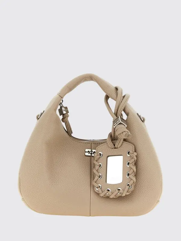 GANNI Mini Recycled Leather Hobo Bag With Butterfly Logo And Charm - Beige
