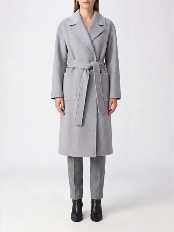Fabiana Filippi Long Belted Robe Coat In Merino Wool With Dropped Shoulders - Grey