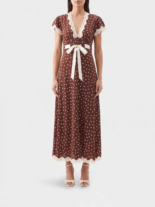 Rixo Marlice Polka-dot Silk Midi Dress With Lace Inserts - Brown