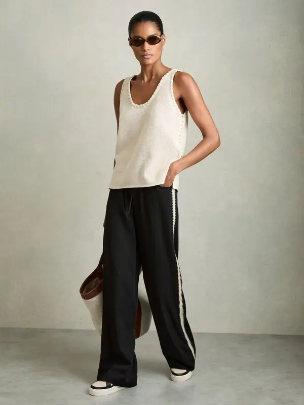 REISS Wide-leg Embroidered Trousers - Black