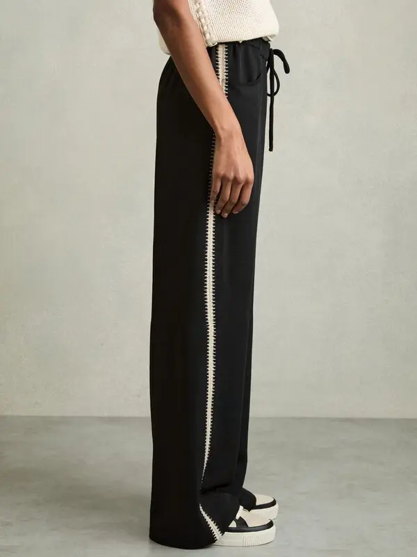 REISS Wide-leg Embroidered Trousers - Black