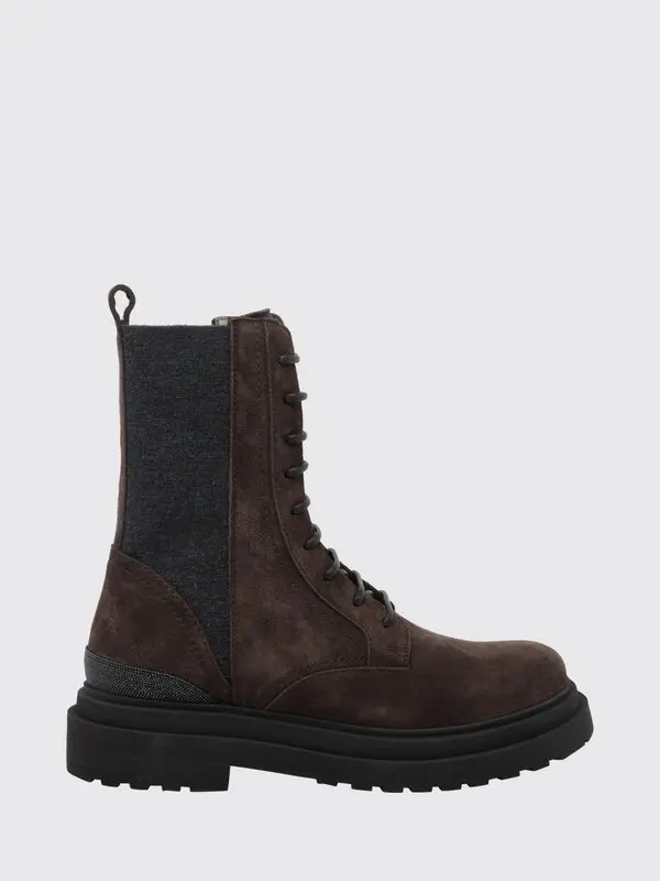 Brunello Cucinelli Suede Combat Boots With Monili Detail And Side Zip - Cocoa