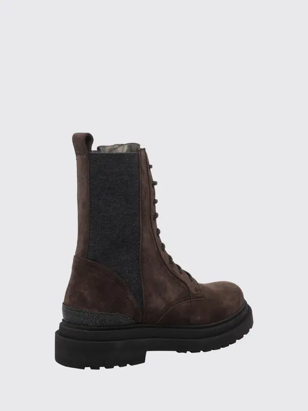 Brunello Cucinelli Suede Combat Boots With Monili Detail And Side Zip - Cocoa