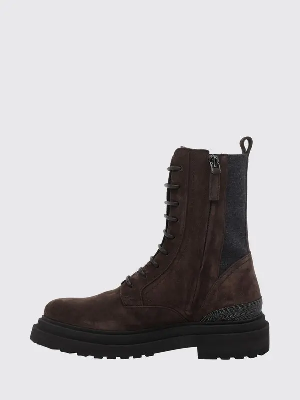 Brunello Cucinelli Suede Combat Boots With Monili Detail And Side Zip - Cocoa