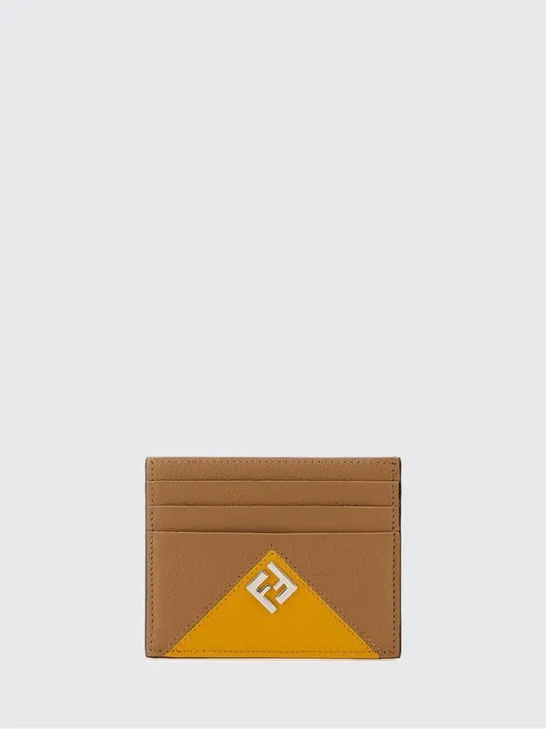 Fendi Lui Ff Monogram Grained Leather Flat Card Holder With Logo - Yellow
