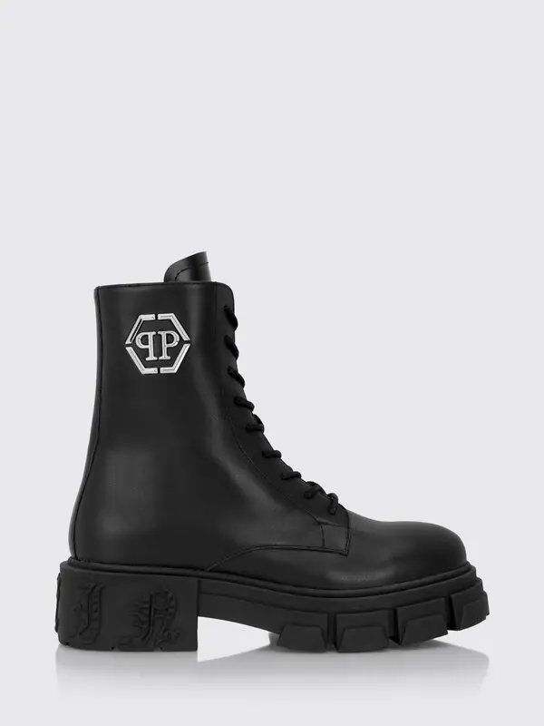 Philipp Plein Monogram Calfskin Combat Boots With Hexagon Logo