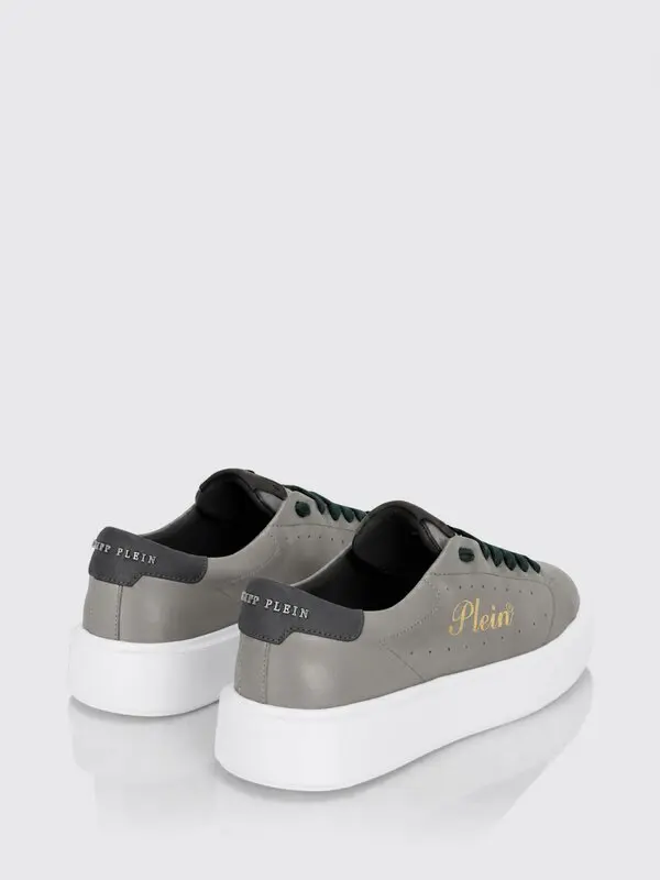 Philipp Plein Leather Low-top Sneakers With Chunky Sole And Laminated Logo - Grey