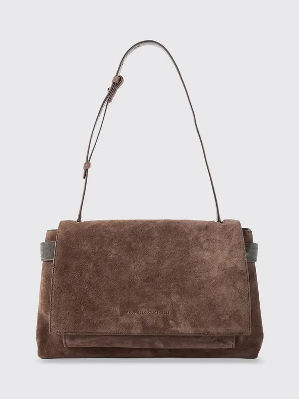 Brunello Cucinelli Suede Shoulder Bag With Monili Embellishment - Coffee