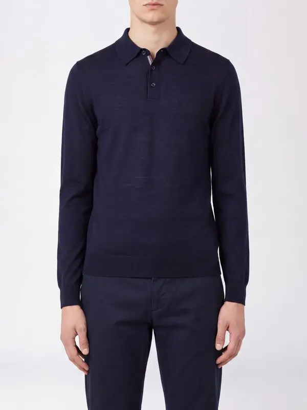 Paul Smith Long-sleeved Slim Fit Merino Wool Knit Polo Shirt - Blue