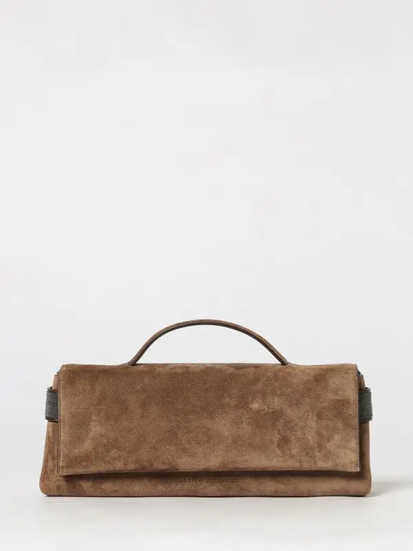 Brunello Cucinelli Suede Calfskin Clutch With Monili Embellishment - Brown