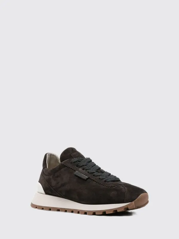 Brunello Cucinelli Suede Calfskin Low-top Sneakers With Monili Detail - Grey