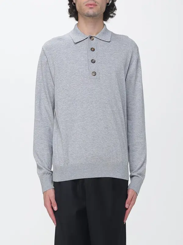 Eleventy Long-sleeved Knit Polo Shirt In Cashmere And Cotton Blend - Grey