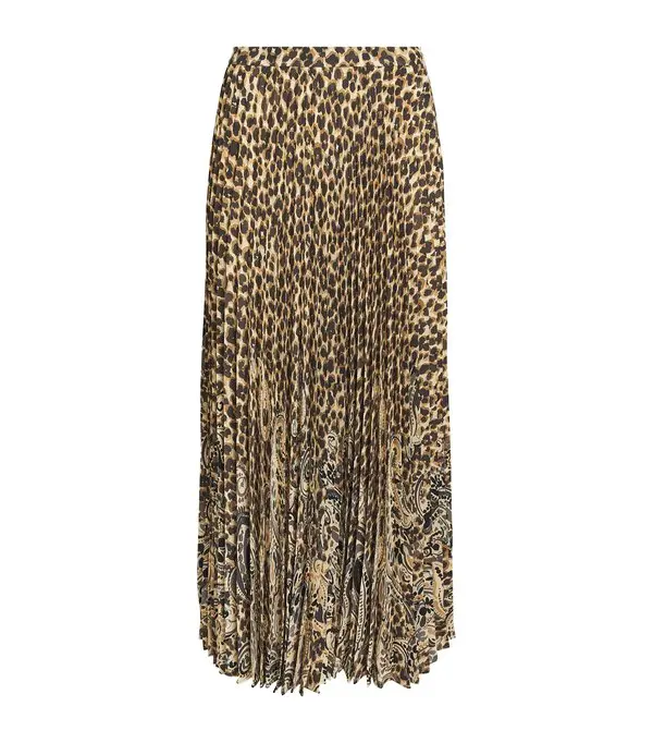 Etro Satin Leopard Pleated Maxi Skirt - Beige