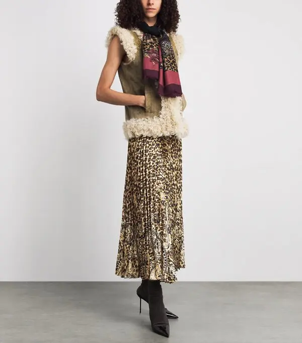 Etro Satin Leopard Print Pleated Maxi Skirt - Beige