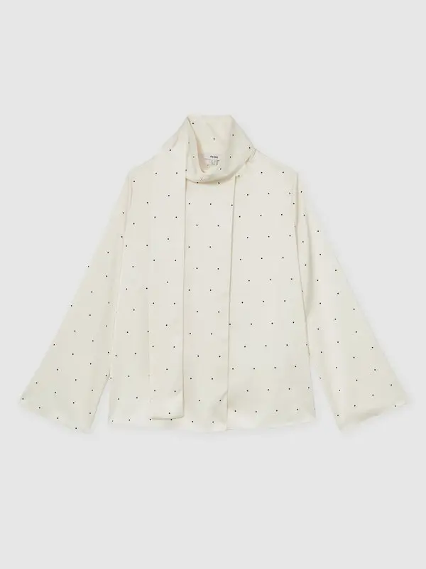 REISS Satin Polka Dot Tie Neck Blouse