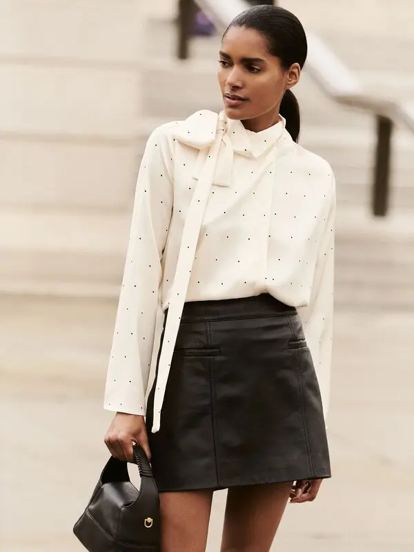 REISS Satin Polka Dot Tie Neck Blouse