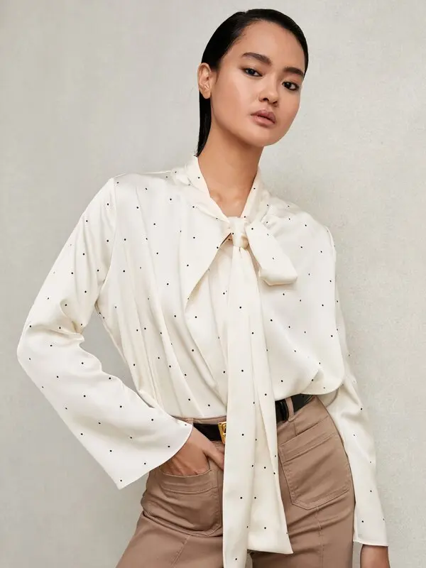 REISS Satin Polka Dot Tie Neck Blouse