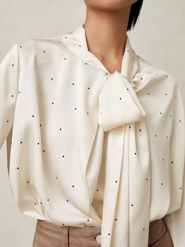 REISS Satin Polka Dot Tie Neck Blouse