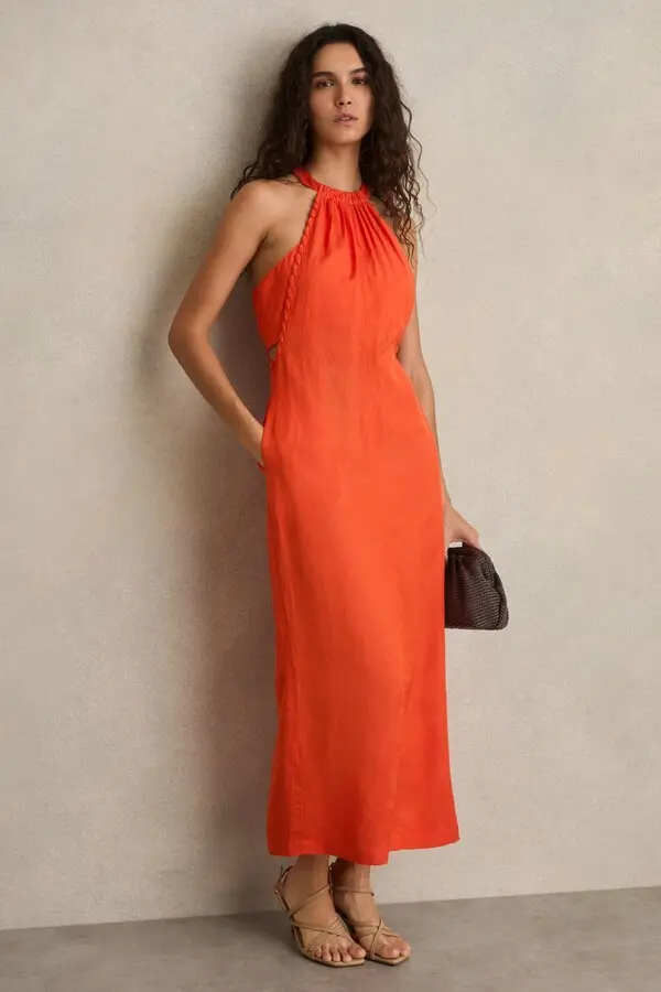 REISS Erika Halterneck Midi Dress With Whipstitch Detail - Red