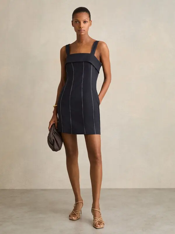 REISS Blue Contrast Stitch Structured Mini Dress
