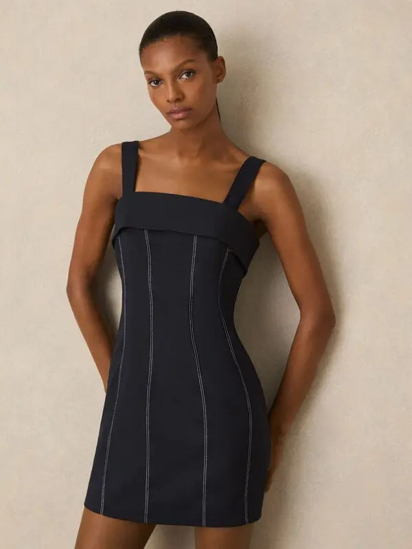 REISS Blue Contrast Stitch Structured Mini Dress