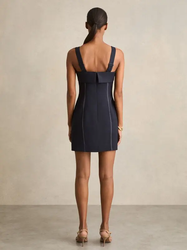 REISS Blue Contrast Stitch Structured Mini Dress