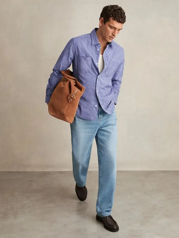 REISS Blue & White Cotton-poplin Stripe Twin-pocket Shirt