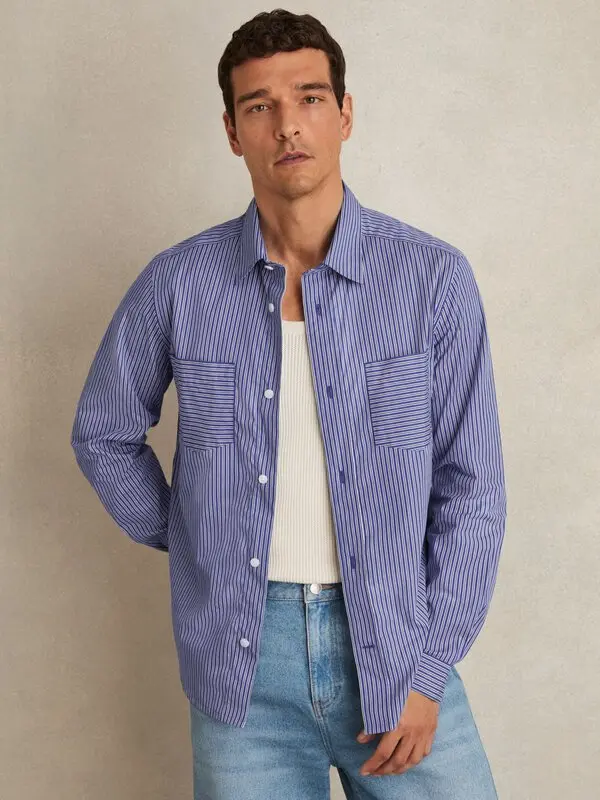REISS Blue & White Cotton-poplin Stripe Twin-pocket Shirt