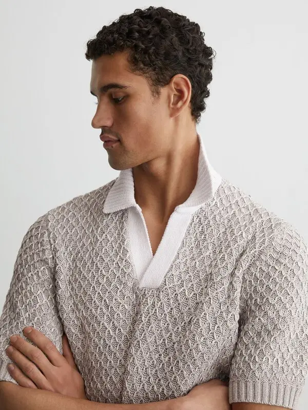 REISS Stitch-detail Open-collar Knit Polo Shirt