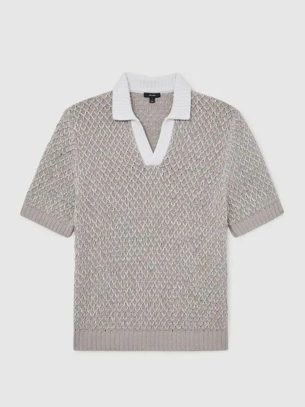 REISS Stitch-detail Open-collar Knit Polo Shirt