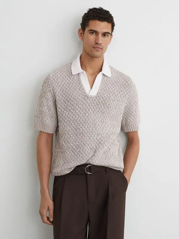 REISS Stitch-detail Open-collar Knit Polo Shirt
