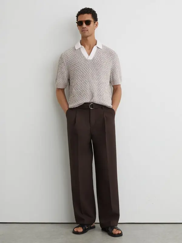 REISS Stitch-detail Open-collar Knit Polo Shirt